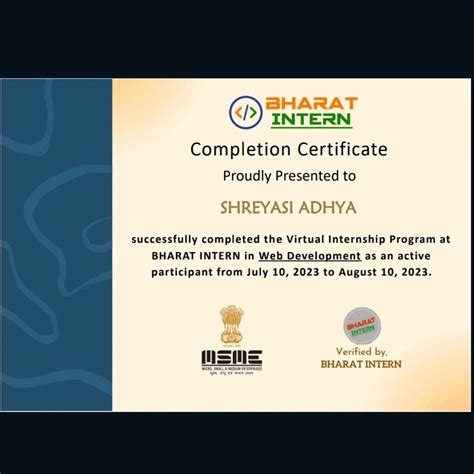 Shreyasi Adhya On Linkedin Webdevelopment Bharatintern Internship 2k23 Certificate