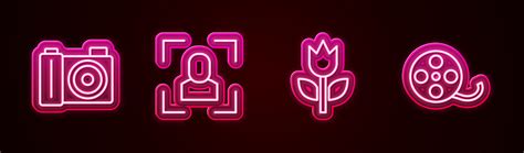 라인 설정 사진 카메라 카메라 초점 프레임 라인 모드 매크로 및 필름 릴 빛나는 네온 아이콘입니다 벡터 0명에 대한 스톡 벡터 아트 및 기타 이미지 Istock