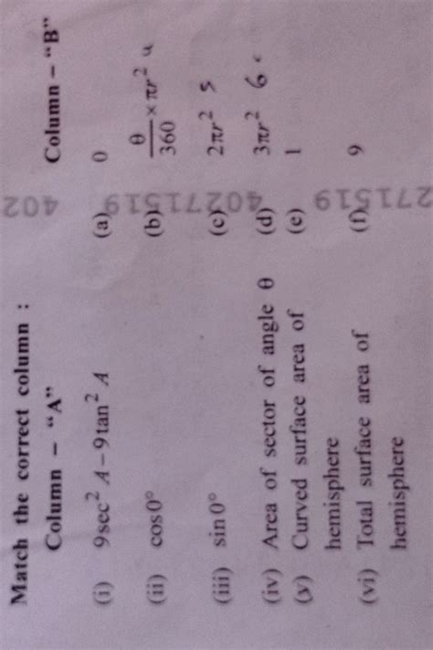 Match The Correct Column Column A Column B I 9 Sec 2 A