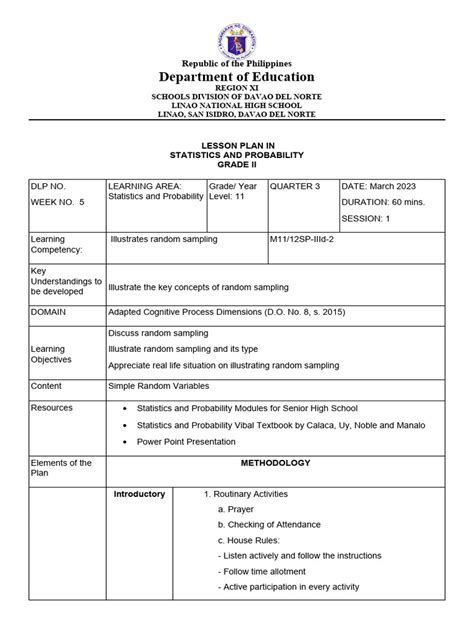 Lp Week 1 Stat And Prob Cot 1 Pdf Sampling Statistics Randomness