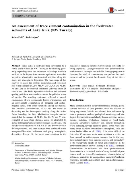 Pdf An Assessment Of Trace Element Contamination In The Freshwater Sediments Of Lake Iznik Nw