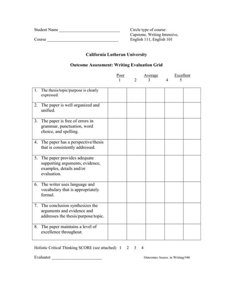 Writing Evaluation Grid California Lutheran University