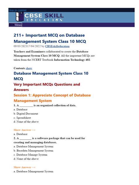 Cbseskilleducation Com Database Management System Class 10 Mcq Pdf