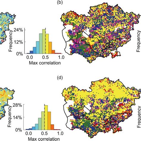 the left panels show the spatial patterns in the maximum correlation