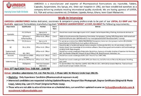 Umedica Laboratories Walk In Interview For Tablet Mfg Injectable Qc