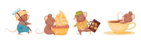 Cute Mouse Character Engaged In Different Activity Vector Set Stock Vector Illustration Of