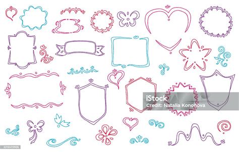 다양한 색상의 손으로 그린 곡선 라벨 프레임 세트 분홍색 보라색 및 파란색 음영 하트 모양 직사각형 프레임 육각형 별 모양 방패 리본 라벨 꽃 라벨 0명에 대한 스톡 벡터
