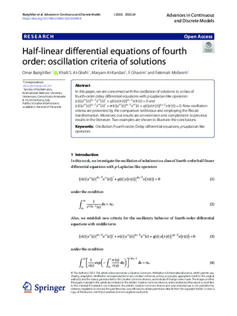 Pdf Half Linear Differential Equations Of Fourth Order Oscillation