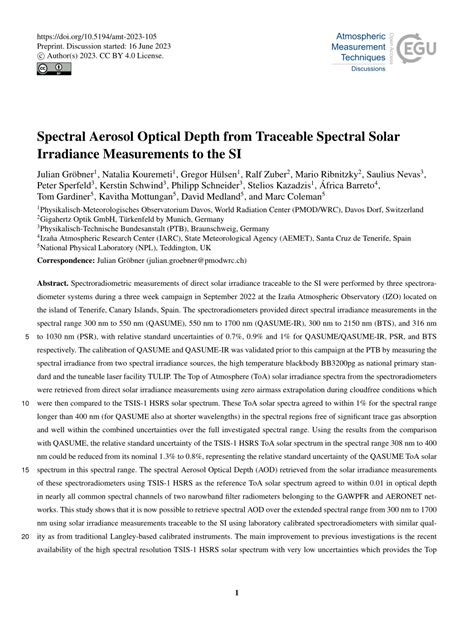 Pdf Spectral Aerosol Optical Depth From Traceable Spectral Solar Irradiance Measurements To The Si