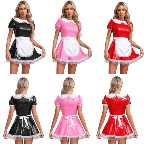 Us Womens Pvc Leather French Maid Cosplay Dress Apron Set Sexy Clubwear Costume Ebay