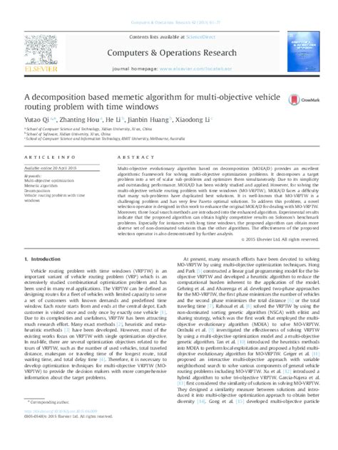 Pdf A Decomposition Based Memetic Algorithm For Multi Objective Vehicle Routing Problem With