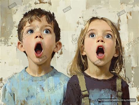 Ai创作图油画小孩 小朋友油画 儿童丰富表情 双孩 男孩女孩小孩儿童 2个小孩 丙烯酸肖像 顽皮的孩童 儿童想像力 奇趣儿童 好奇小孩 童年