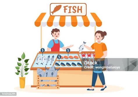 생선 가게는 다양한 신선하고 위생적인 제품을 시장에 내놓는다 평평한 만화 손으로 그린 템플릿 일러스트레이션에 해산물 개념에 대한 스톡 벡터 아트 및 기타 이미지 Istock