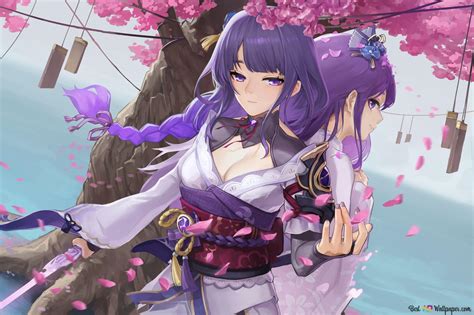 Irmãs Raiden Shogun Makoto Impacto Genshin 4K baixar papel de parede