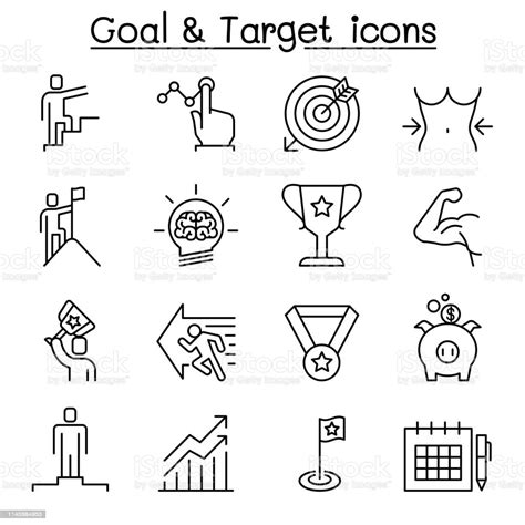 목표 목표 자기 계발 목표 및 목적 아이콘을 선 스타일로 설정 전략에 대한 스톡 벡터 아트 및 기타 이미지 전략 개발