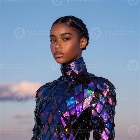 Stylish Model Posing In Iridescent Outfit Against A Sunset Sky 55024531