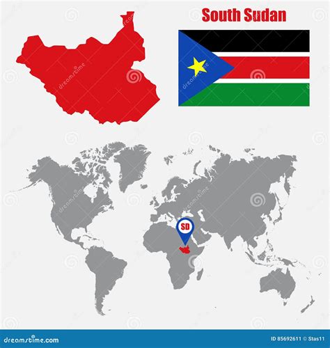 south sudan map on a world map with flag and map pointer vector
