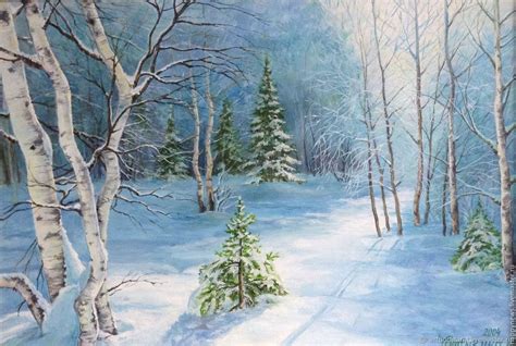 Картина Зимняя сказка -пейзаж, масло, заснеженный лес, пейзаж, голубой ...