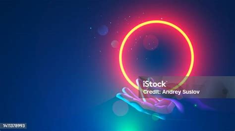 미래의 둥근 빨간 네온 프레임 손 인간 위에 있습니다 과학자의 손바닥에 매달려있는 추상적 인 원형 빛 로고를위한 장소와 기술