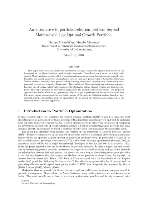 Pdf An Alternative To Portfolio Selection Problem Beyond Markowitzs Log Optimal Growth Portfolio