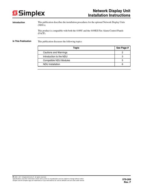 Simplex Installation Instructions Network Display Unit Interface