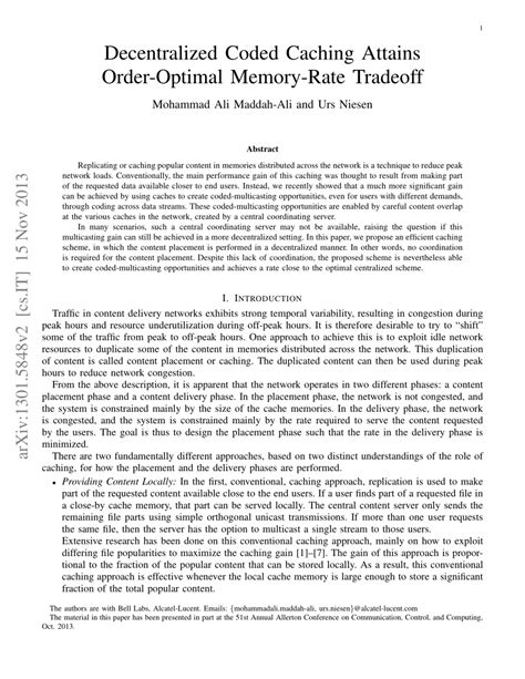 Pdf Decentralized Coded Caching Attains Order Optimal Memory Rate