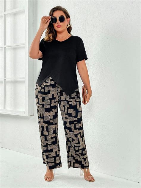 Plus Solid Asymmetrical Hem Blouse And Geo Print Trousers Stylish
