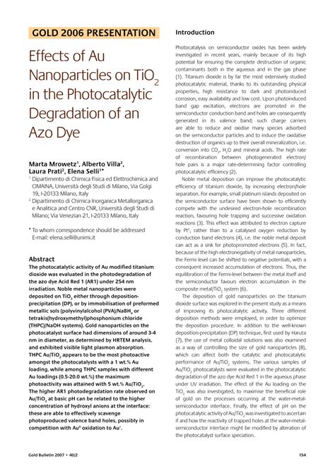 Pdf Effect Of Au Nanoparticles On Tio2 In The Photocatalytic Degradation Of An Azo Dye