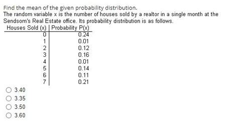 Solved Find The Mean Of The Given Probability Distribution Chegg Com