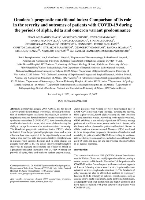 Pdf Onoderas Prognostic Nutritional Index Comparison Of Its Role In The Severity And
