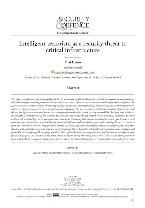 Pdf Intelligent Terrorism As A Security Threat To Critical Infrastructure