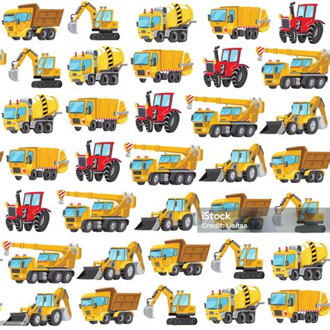 노란색 트럭 자동차 및 도로 표지판이있는 매끄러운 패턴 빨간 트랙터 굴삭기 굴착기 기계 건물 기계 콘크리트 믹서 건설 기계류에 대한 스톡 벡터 아트 및 기타 이미지 Istock