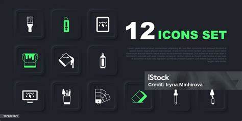 스포이드 색상 선택기 팔레트 팔레트 나이프 페인트 통 지우개 고무 필통 편지지 편지지 및 색상 가이드 아이콘을 설정합니다 벡터