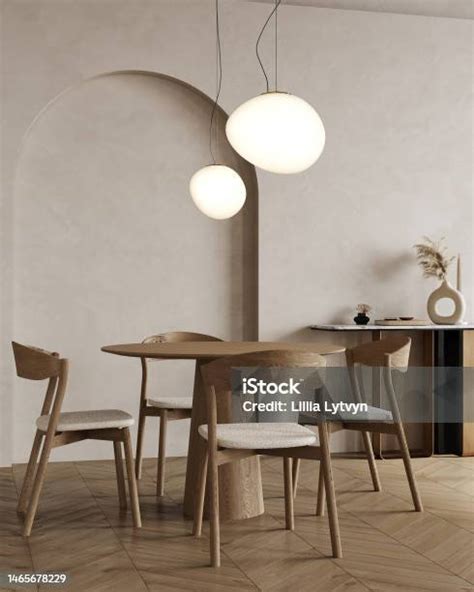 현대적인 식당 또는 거실 나무 테이블과 의자의 인테리어 디자인 베이지색 벽 위에 나무 찬장 아치 벽이 있는 홈 인테리어 3d 렌더링 0명에 대한 스톡 사진 및 기타 이미지