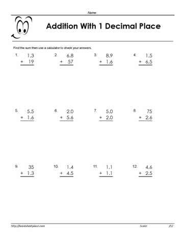 Adding Decimals Place Worksheets