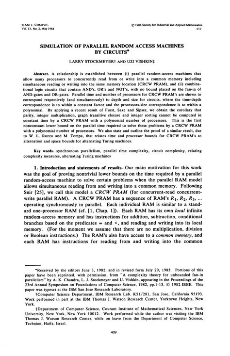 Pdf Simulation Of Parallel Random Access Machines By Circuits