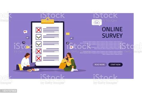 고객 만족도 조사 진드기와 십자가종이 있는 종이 조각 방문 페이지입니다 작은 사람들 문자는 양식을 작성합니다 벡터 그림입니다 플랫 스타일 개념에 대한 스톡 벡터 아트 및