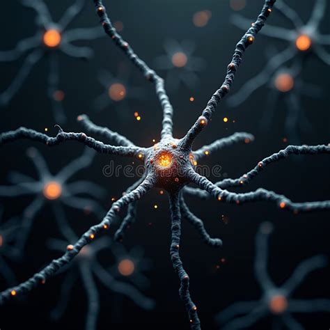 Detailed Neuron Network Animation With Glowing Orange Synapses On Dark Gray Background Stock