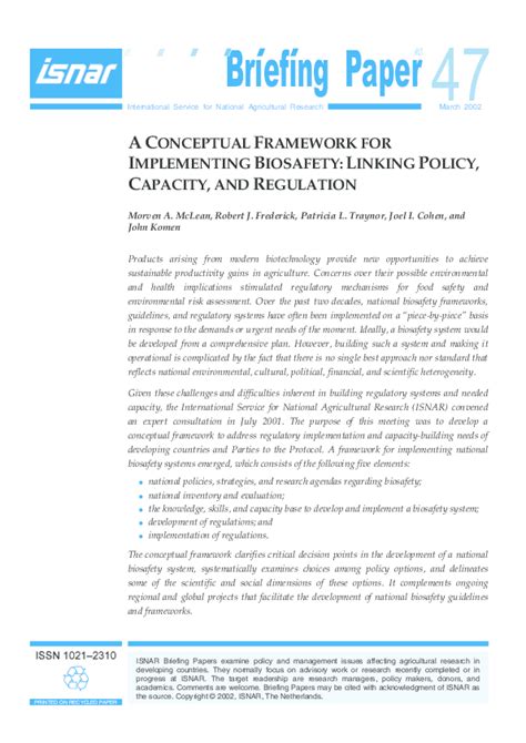 Pdf A Conceptual Framework For Implementing Biosafety Linking Policy Capacity And Regulation