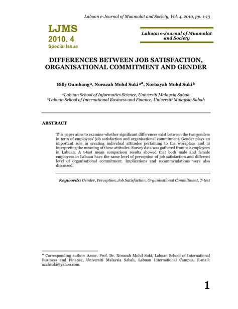 Pdf Differences Between Job Satisfaction Organisational Commitment And Gender