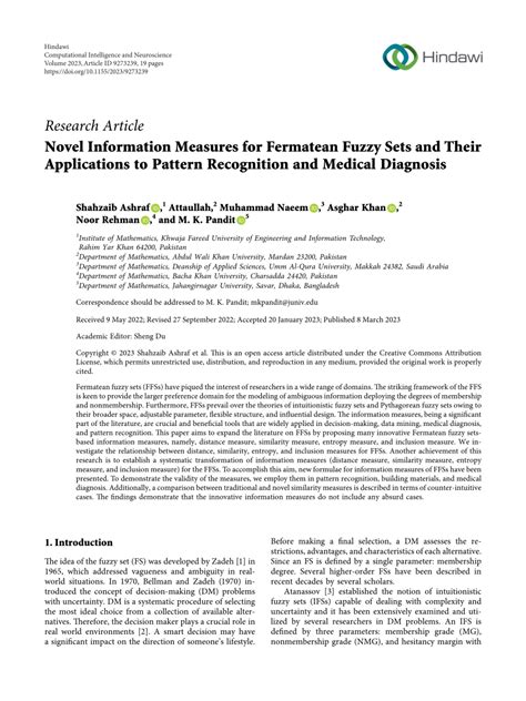 Pdf Novel Information Measures For Fermatean Fuzzy Sets And Their Applications To Pattern