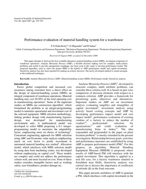 Pdf Performance Evaluation Of Material Handling System For A Warehouse