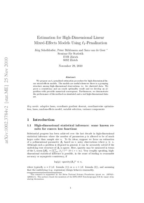 Pdf Estimation For High‐dimensional Linear Mixed‐effects Models Using ℓ1‐penalization