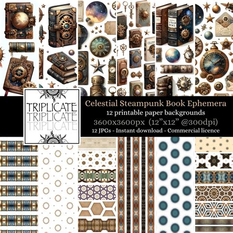 Free Printable Celestial Steampunk Book Ephemera Digital Paper Triplicate