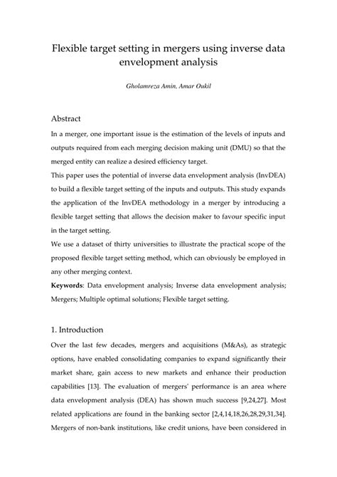 Pdf Flexible Target Setting In Mergers Using Inverse Data Envelopment