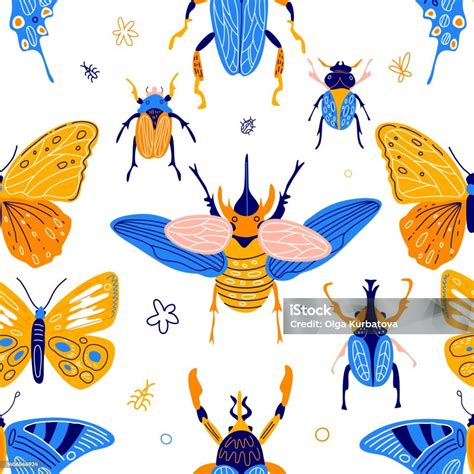 귀여운 곤충 패턴 하얀 배경에 고립 된 재미있는 벌레와 다채로운 나비 장식용 비행 딱정벌레 작은 밝은 자연 창조물 장식 섬유 멋진 벡터 배경 딱정벌레에 대한 스톡 벡터 아트