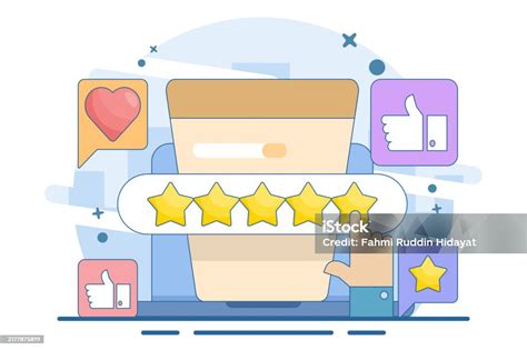 사용자 평가 개념 고객 피드백 고객별 최고 품질 평가 별 5개 등급 고품질 제품 또는 좋은 품질의 서비스 최고의 별 등급 평면 벡터 일러스트레이션 가리키기에 대한 스톡 벡터