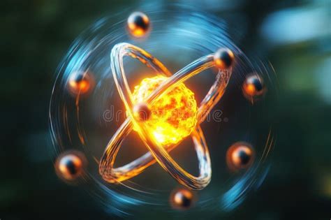 Visualization Of An Atom With Glowing Nucleus And Orbiting Electrons In A Digital Design Stock