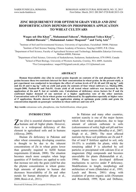 Pdf Zinc Requirement For Optimum Grain Yield And Zinc Biofortification Depends On Phosphorus