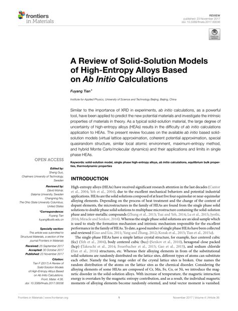 Pdf A Review Of Solid Solution Models Of High Entropy Alloys Based On Ab Initio Calculations